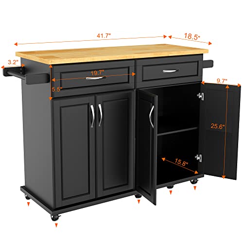 Codesfir Kitchen Island Cart with Storage Cabinet, Kitchen Island on Wheels with Drawer and Towel Rack, Rubber Wood Top, L48xW18xH36 Inches, Black