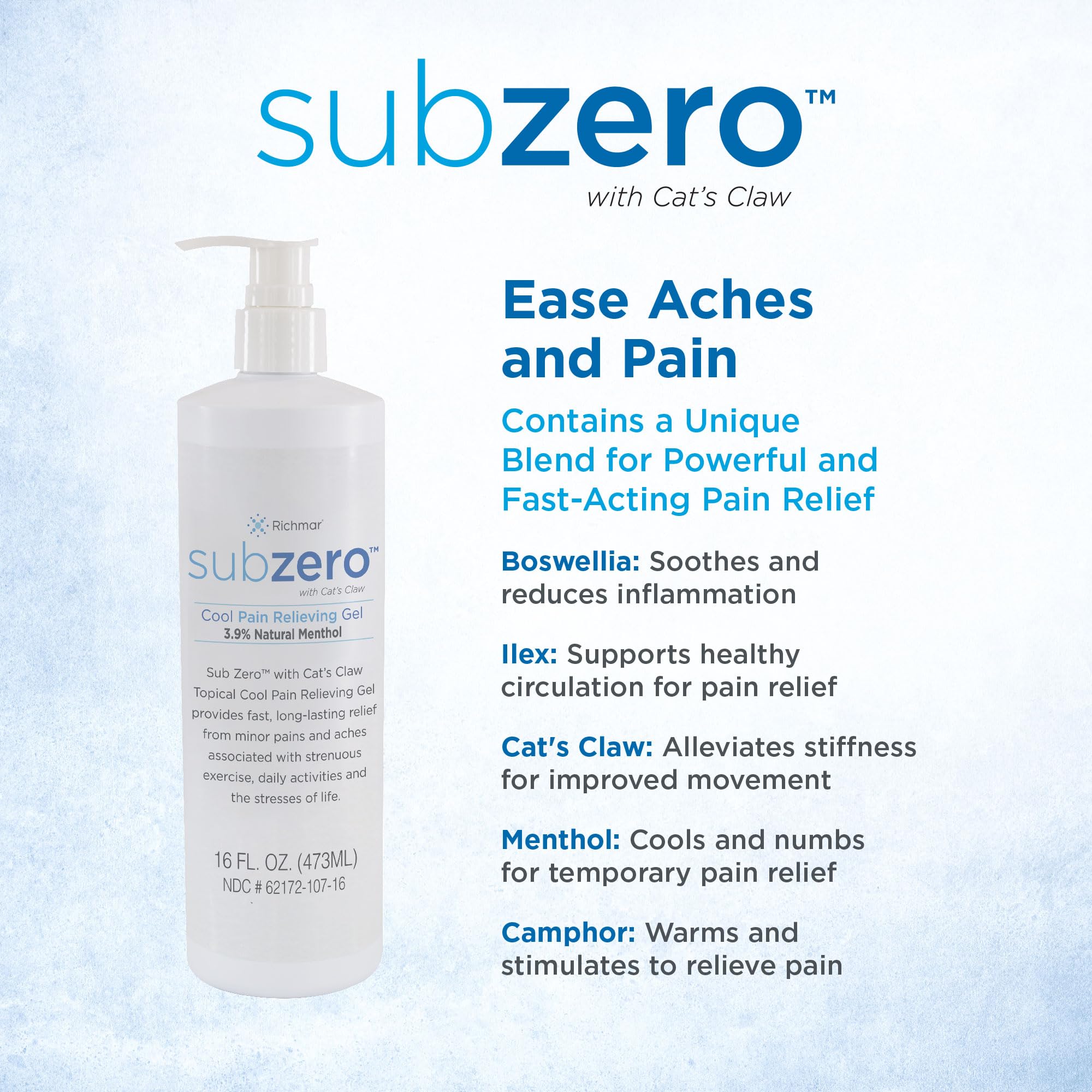 Sub Zero Cooling Pain Relief Gel, 16oz Bottle with Pump - Joint Relief and Nerve Pain Relief Cream for Muscle Deep Pain Relief and Arthritis Relief