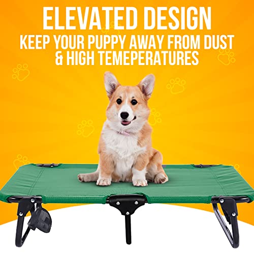 Elevated Dog Cot with Steel Frame - Foldable Raised Play and Rest Bed for Dogs and Cats - Heavy Duty Strong Material - Pet Cot with Bonus Storage Bag (Large 42β x 24β x 8β, Green)