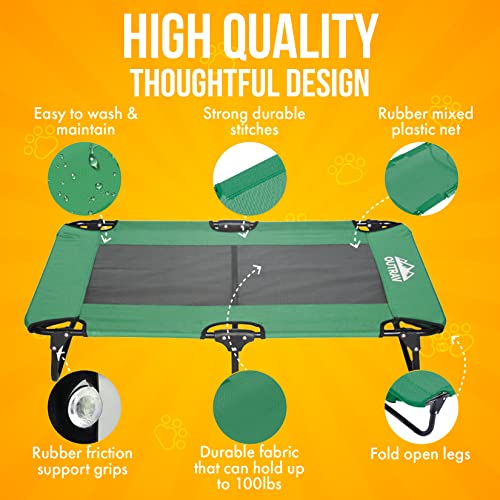 Elevated Dog Cot with Steel Frame - Foldable Raised Play and Rest Bed for Dogs and Cats - Heavy Duty Strong Material - Pet Cot with Bonus Storage Bag (Large 42β x 24β x 8β, Green)