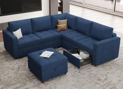 Belffin Oversized Modular Sectional Sofa Fabric L Shape Pull Out Couch with Ottoman Sleeper Sectional Couch with Chaise and Storage Sectional Set 6 Seater Sofa Reversible Sofa for Living Room Blue