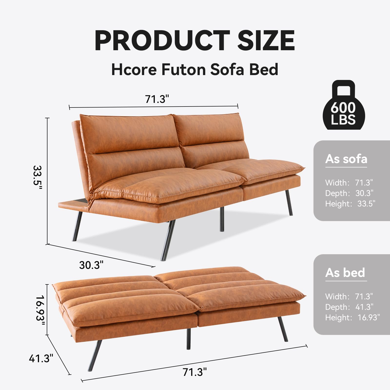 Hcore Convertible Futon Sofa Bed,Brown Faux Leather Memory Foam Loveseat,Small Euro Lounger Sofa for Compact Living Spaces,Apartment,Dorm,Studio,Guest Room,Home Office/Cushion Thickening