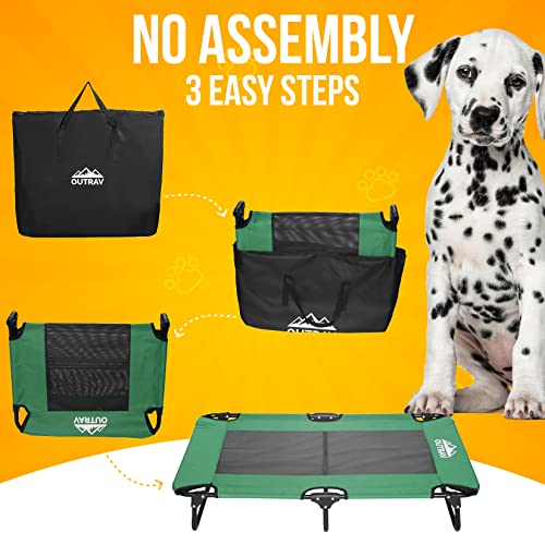 Elevated Dog Cot with Steel Frame - Foldable Raised Play and Rest Bed for Dogs and Cats - Heavy Duty Strong Material - Pet Cot with Bonus Storage Bag (Large 42β x 24β x 8β, Green)