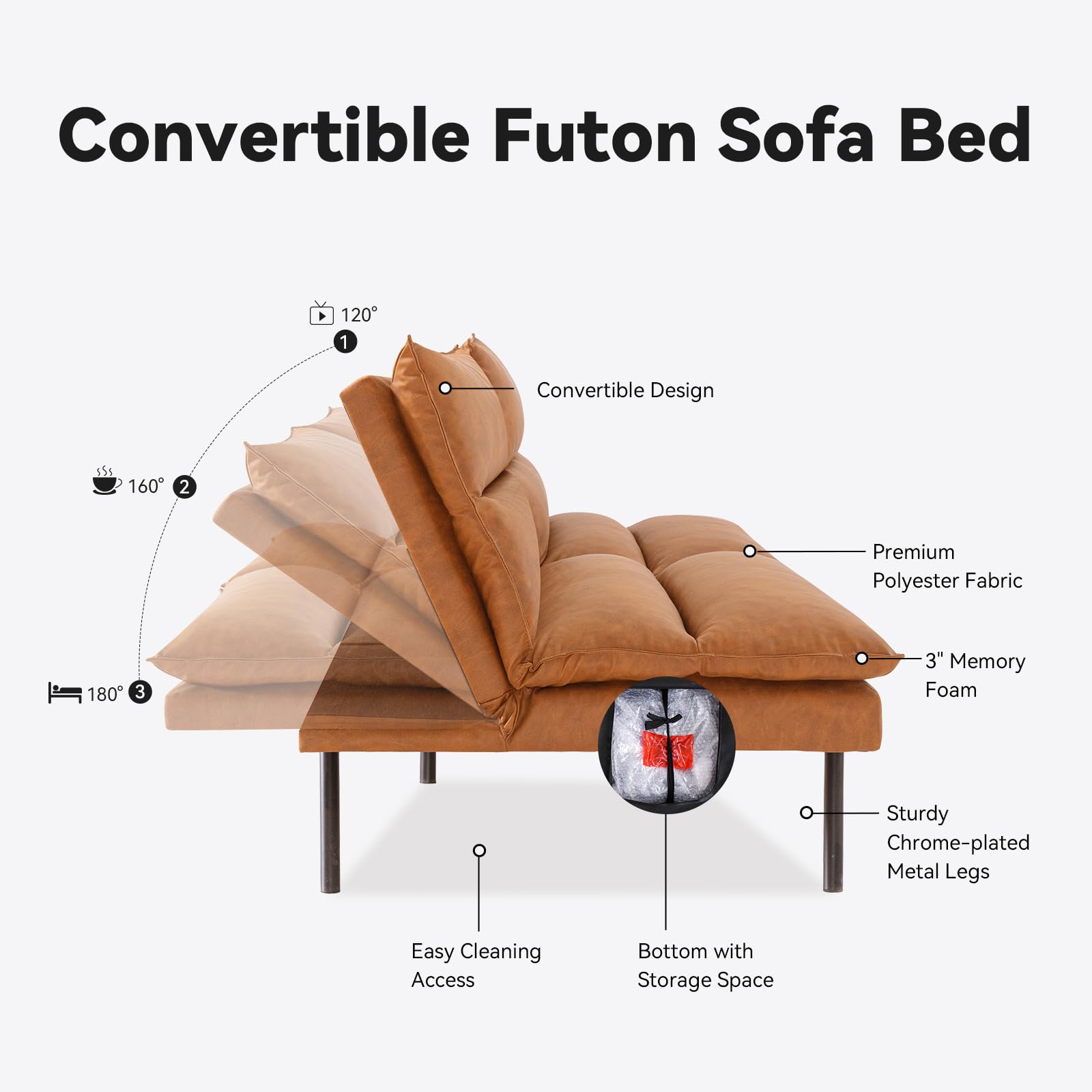 Hcore Convertible Futon Sofa Bed,Brown Faux Leather Memory Foam Loveseat,Small Euro Lounger Sofa for Compact Living Spaces,Apartment,Dorm,Studio,Guest Room,Home Office/Cushion Thickening