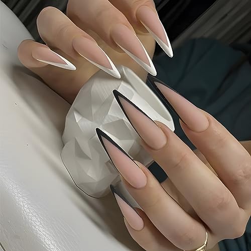 RTKHFZE Press on Nails Long,Almond Fake Nails Black White French Tip False Nails Matte Artificial Acrylic Nails Stiletto Full Cover Glue on Nails Stick on Nails for Women Manicure