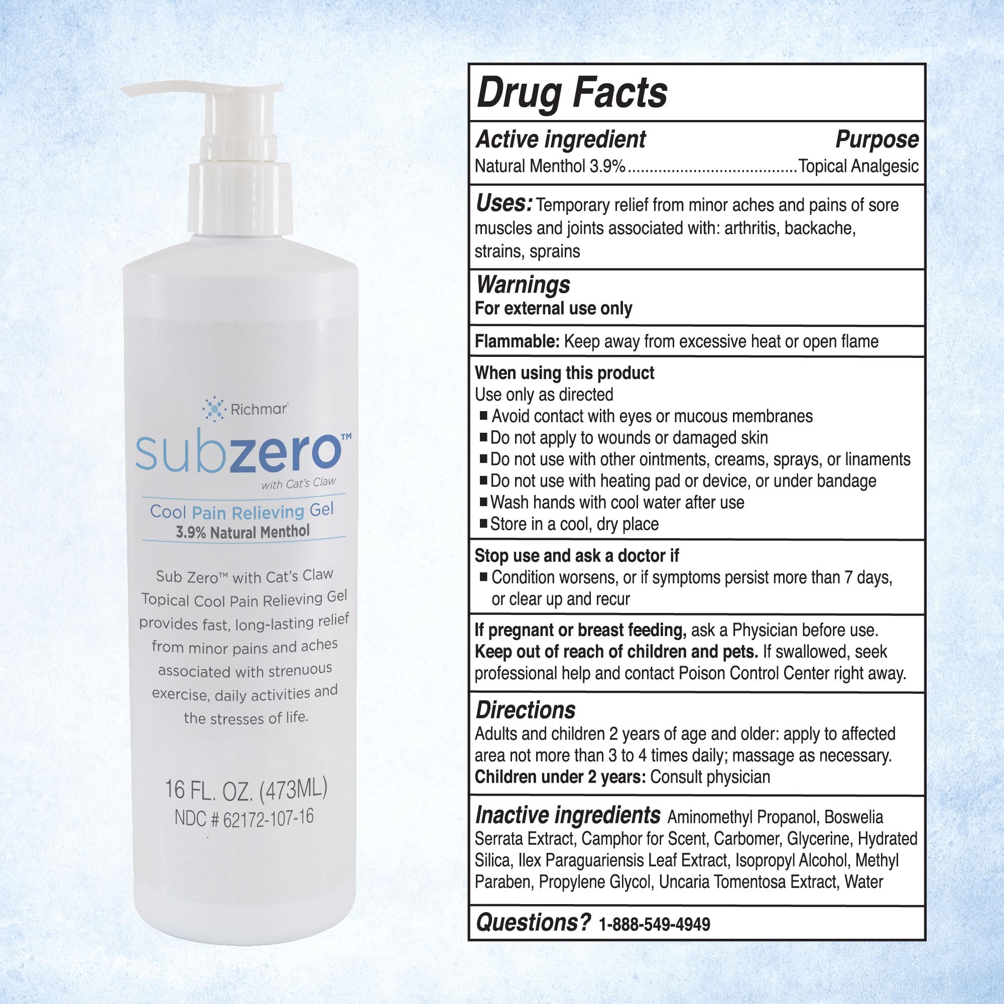 Sub Zero Cooling Pain Relief Gel, 16oz Bottle with Pump - Joint Relief and Nerve Pain Relief Cream for Muscle Deep Pain Relief and Arthritis Relief
