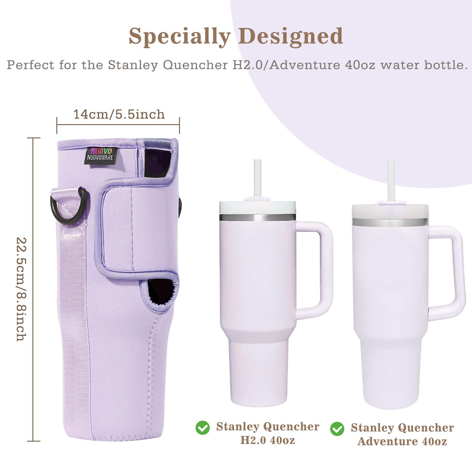 Nuovoware Water Bottle Carrier Bag Fits Stanley 40 Oz Tumbler with Handle, Water Bottle Bag with Adjustable Shoulder Strap, Neoprene Water Bottle Holder for Stanley Water Bottle Accessories, Purple