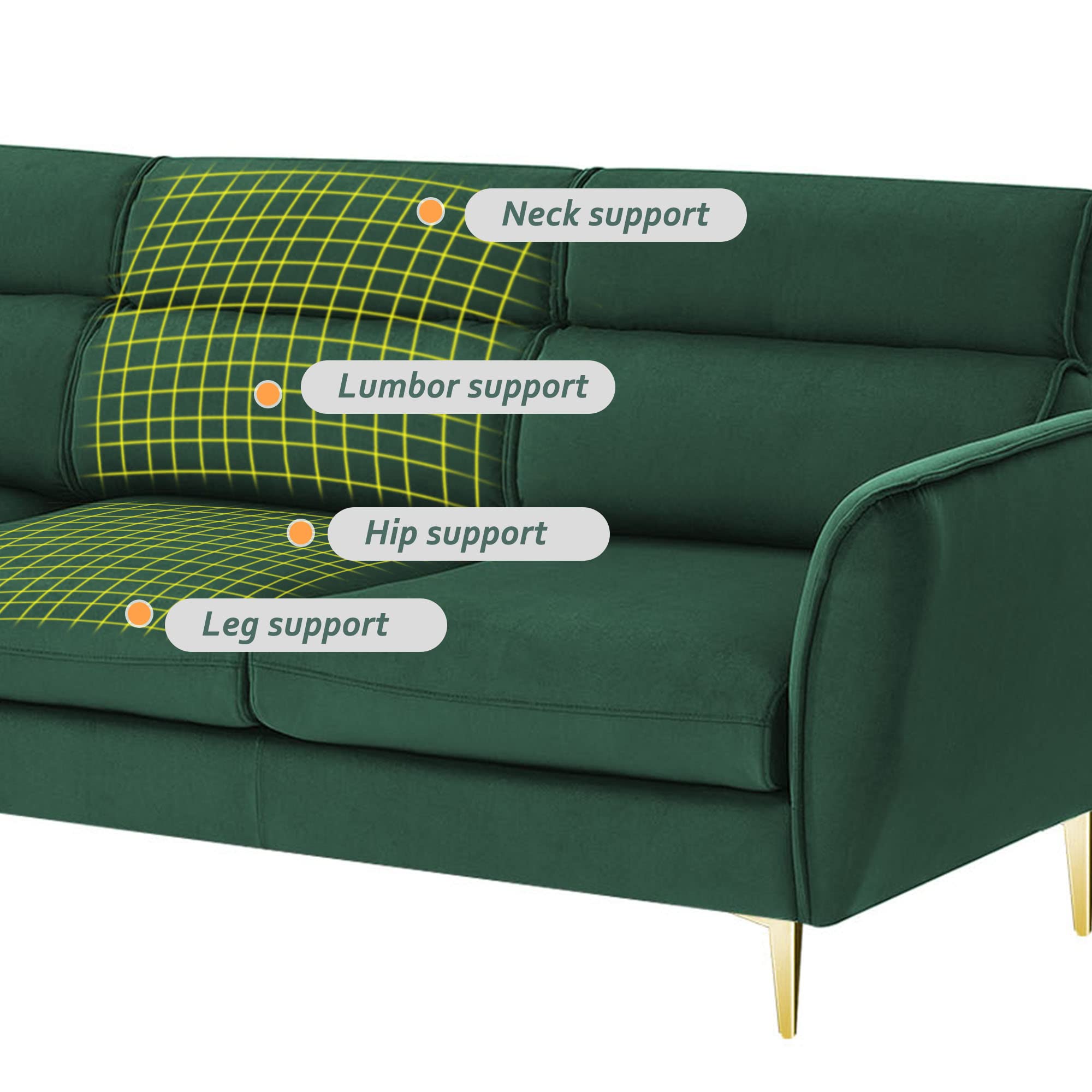 Prohon 111" L Shaped Convertible Sofa Left/Right Hande Chaise, Flannel Sectional Couch w/Gold Legs for Bedroom, Living Room, Green