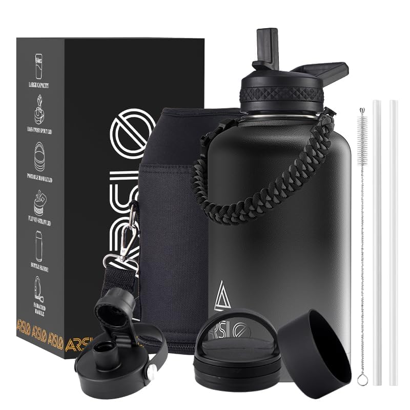 Arslo Half Gallon Insulated Water BottleDaily Water Intake Bottles with Storage Sleeve 3 Lids Straw, Spout and Handle Lid, Vacuum Double Walled 64oz Thermos Water Jug for Sports