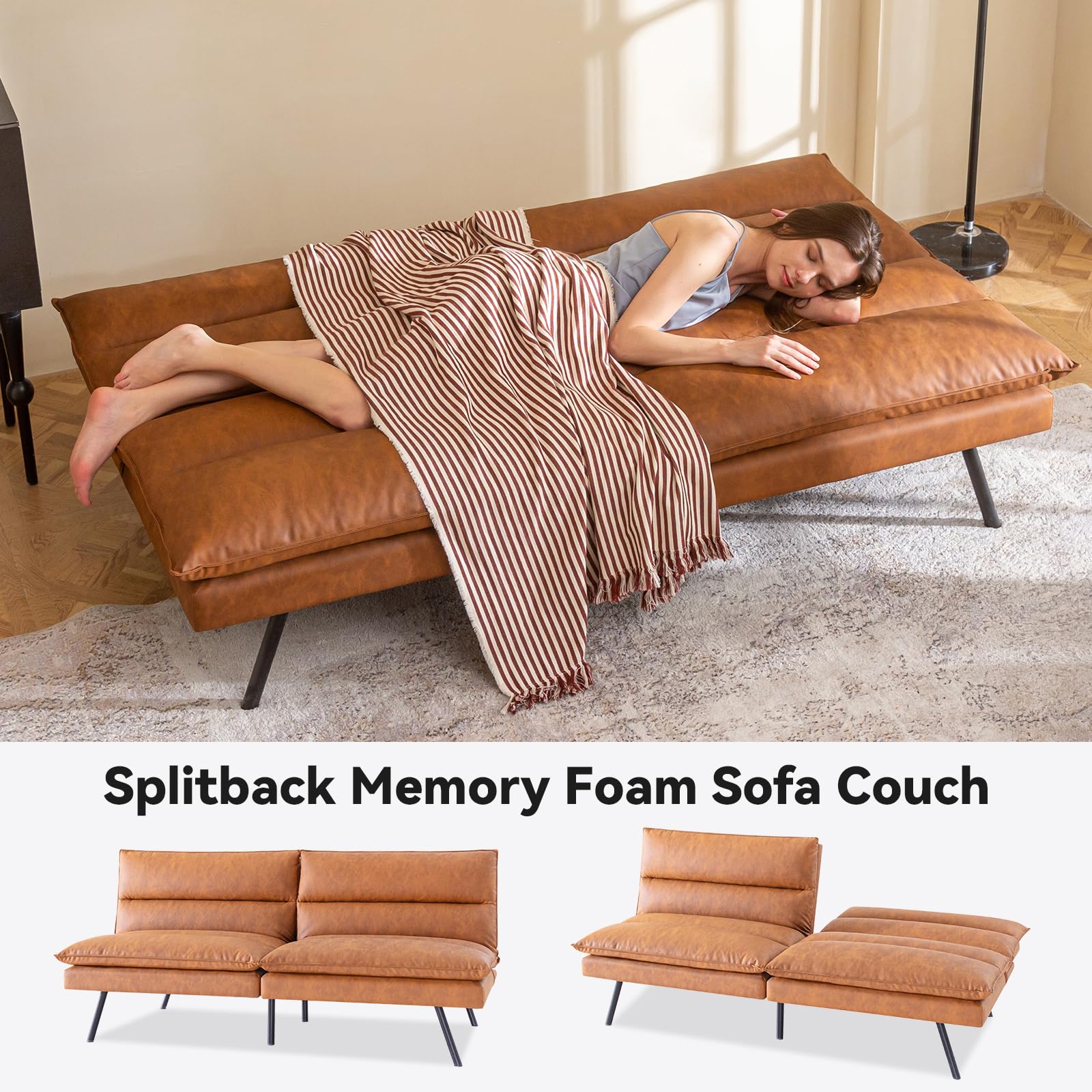 Hcore Convertible Futon Sofa Bed,Brown Faux Leather Memory Foam Loveseat,Small Euro Lounger Sofa for Compact Living Spaces,Apartment,Dorm,Studio,Guest Room,Home Office/Cushion Thickening