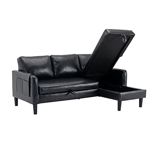 Eafurn 3 Seater Sectional Chaise Lounge and Storage,L Shaped Convertible Pull Out Bed,Comfy Velvet Upholstery Corner Sofa & Couches Button Tufted Living Room Furniture Sets, Black Soft 72.44"