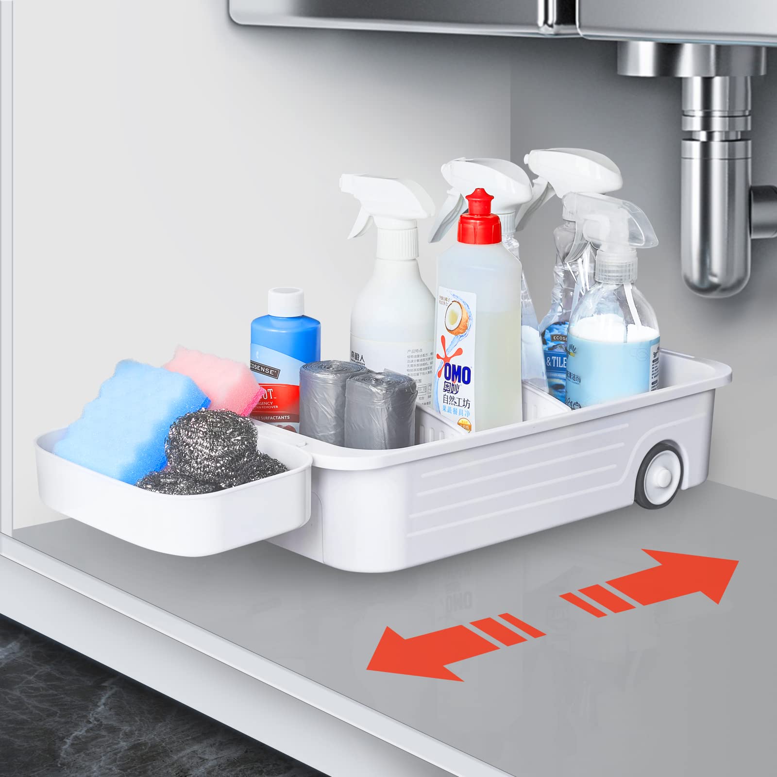 Under Sink Caddy Organizer with Pull Out Fridge Storage Bins Basket for Kitchen Bathroom and Cabinet (8" Wide, White)