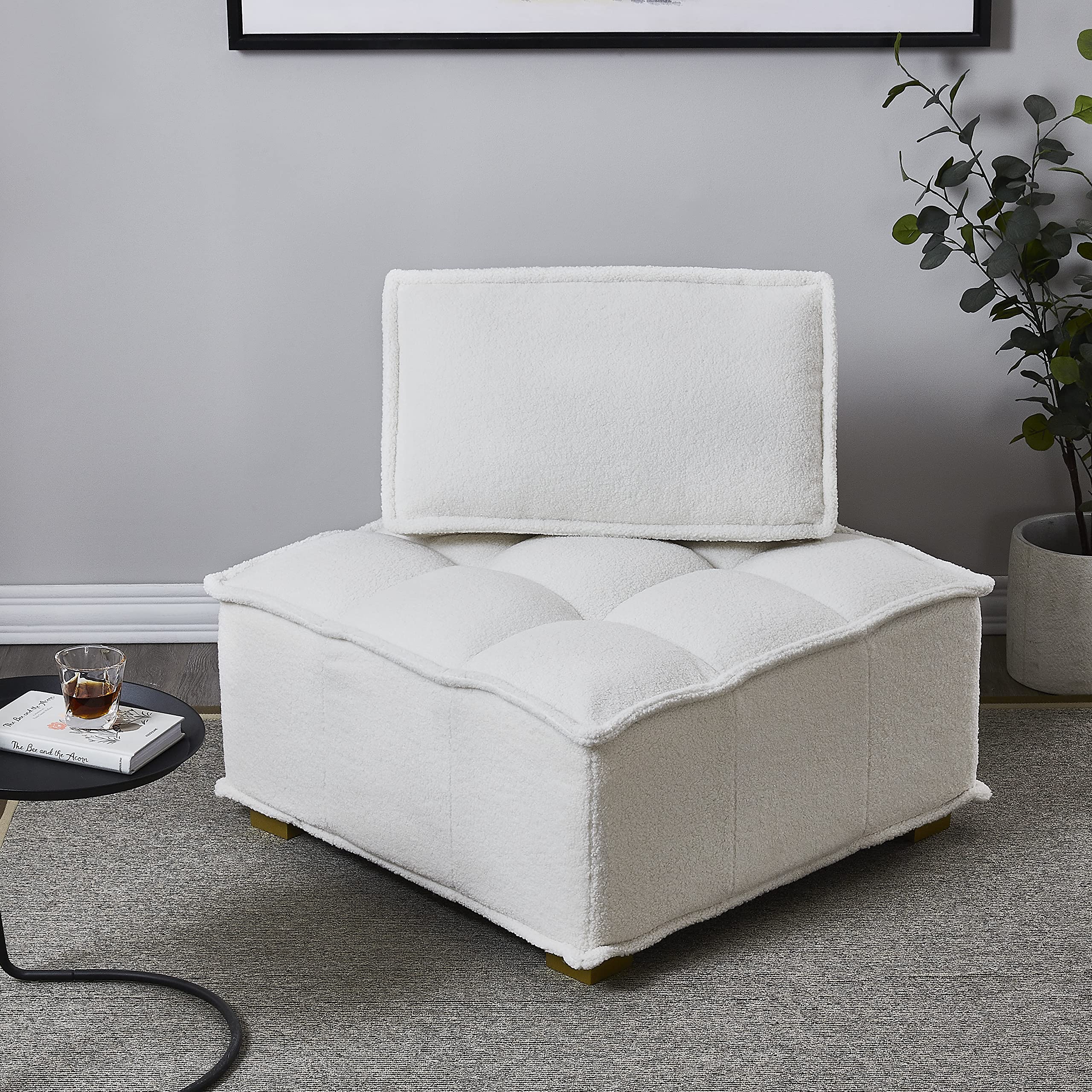 FIQHOME Modular Sectional, Convertible Bed Futon, Lazy Sofa Ottoman with Gold Wooden Legs Teddy Fabric,Armless L-Shaped Couches for Living Room Office(White)