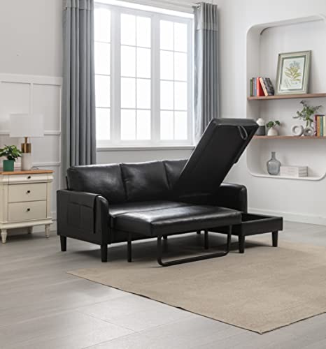 Eafurn 3 Seater Sectional Chaise Lounge and Storage,L Shaped Convertible Pull Out Bed,Comfy Velvet Upholstery Corner Sofa & Couches Button Tufted Living Room Furniture Sets, Black Soft 72.44"