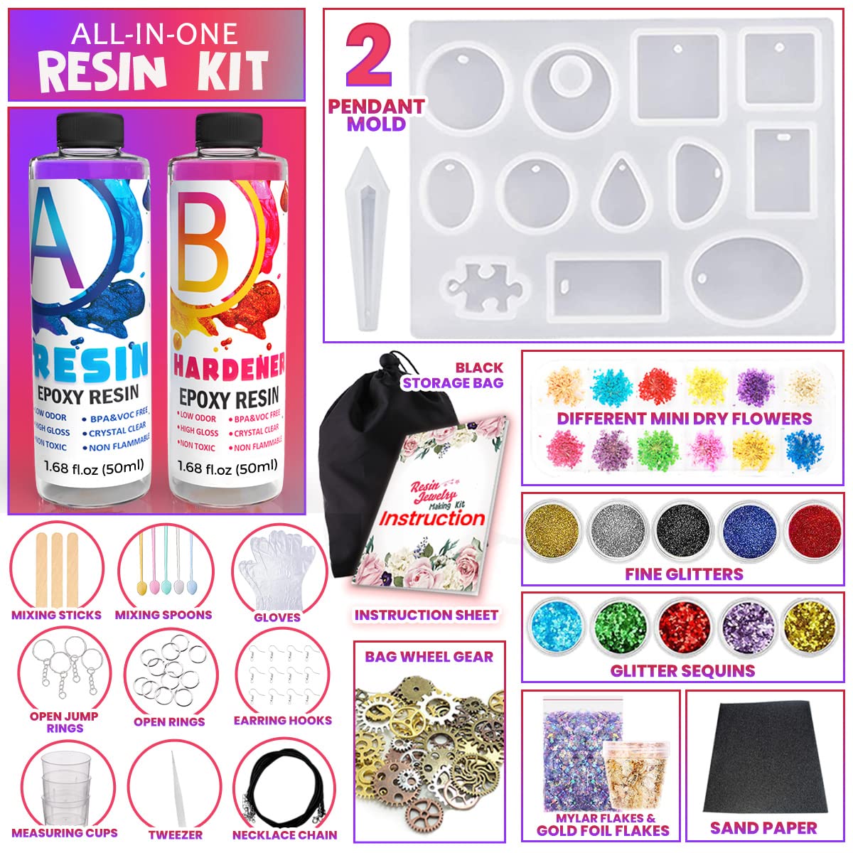 Goody King Resin Jewelry Making Starter Kit - Resin Kits for Beginners with Molds and Resin Jewelry Making Supplies - Silicone Casting Mold, Tools Set Clear Epoxy Resin for DIY Jewelry
