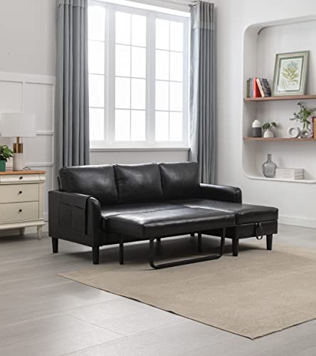 Eafurn 3 Seater Sectional Chaise Lounge and Storage,L Shaped Convertible Pull Out Bed,Comfy Velvet Upholstery Corner Sofa & Couches Button Tufted Living Room Furniture Sets, Black Soft 72.44"