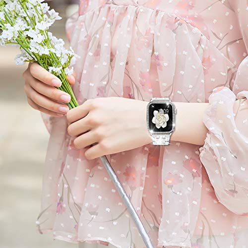 Supoix Compatible with Apple Watch Band 38mm + Case, Women Jewelry Bling Diamond Rhinestone Replacement Metal Strap &Soft TPU Protector Case for iWatch Series 3/2/1（Silver)