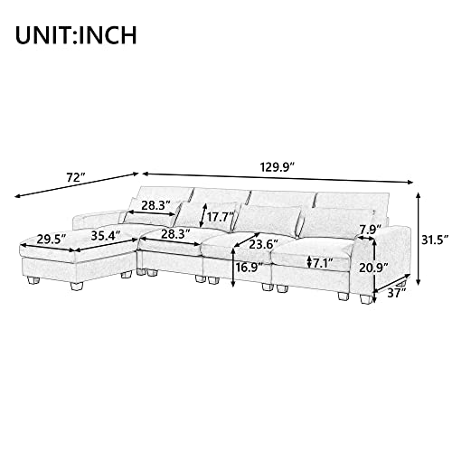 Deep Seat Down Feather Filled Modular Upholstered Sectional Sofa Couch with 4 Waist Pillows for Home Office Apartment Living Room,L-Shaped Corner Sofa & Couch Movable Ottoman/Chaise