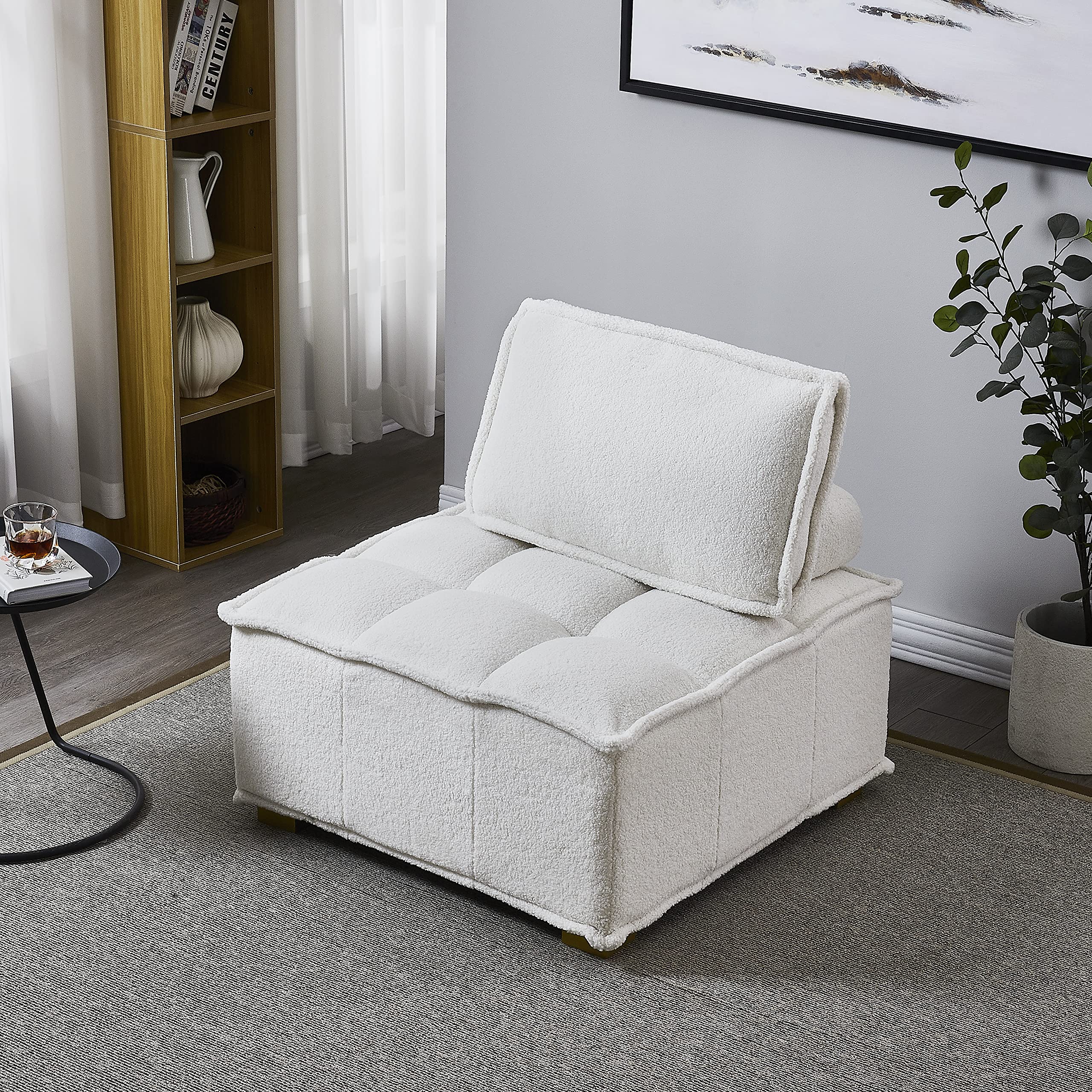 FIQHOME Modular Sectional, Convertible Bed Futon, Lazy Sofa Ottoman with Gold Wooden Legs Teddy Fabric,Armless L-Shaped Couches for Living Room Office(White)