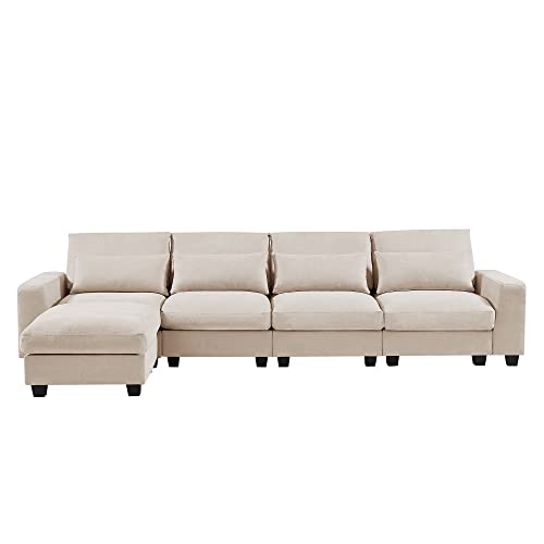 Deep Seat Down Feather Filled Modular Upholstered Sectional Sofa Couch with 4 Waist Pillows for Home Office Apartment Living Room,L-Shaped Corner Sofa & Couch Movable Ottoman/Chaise