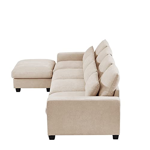 Deep Seat Down Feather Filled Modular Upholstered Sectional Sofa Couch with 4 Waist Pillows for Home Office Apartment Living Room,L-Shaped Corner Sofa & Couch Movable Ottoman/Chaise