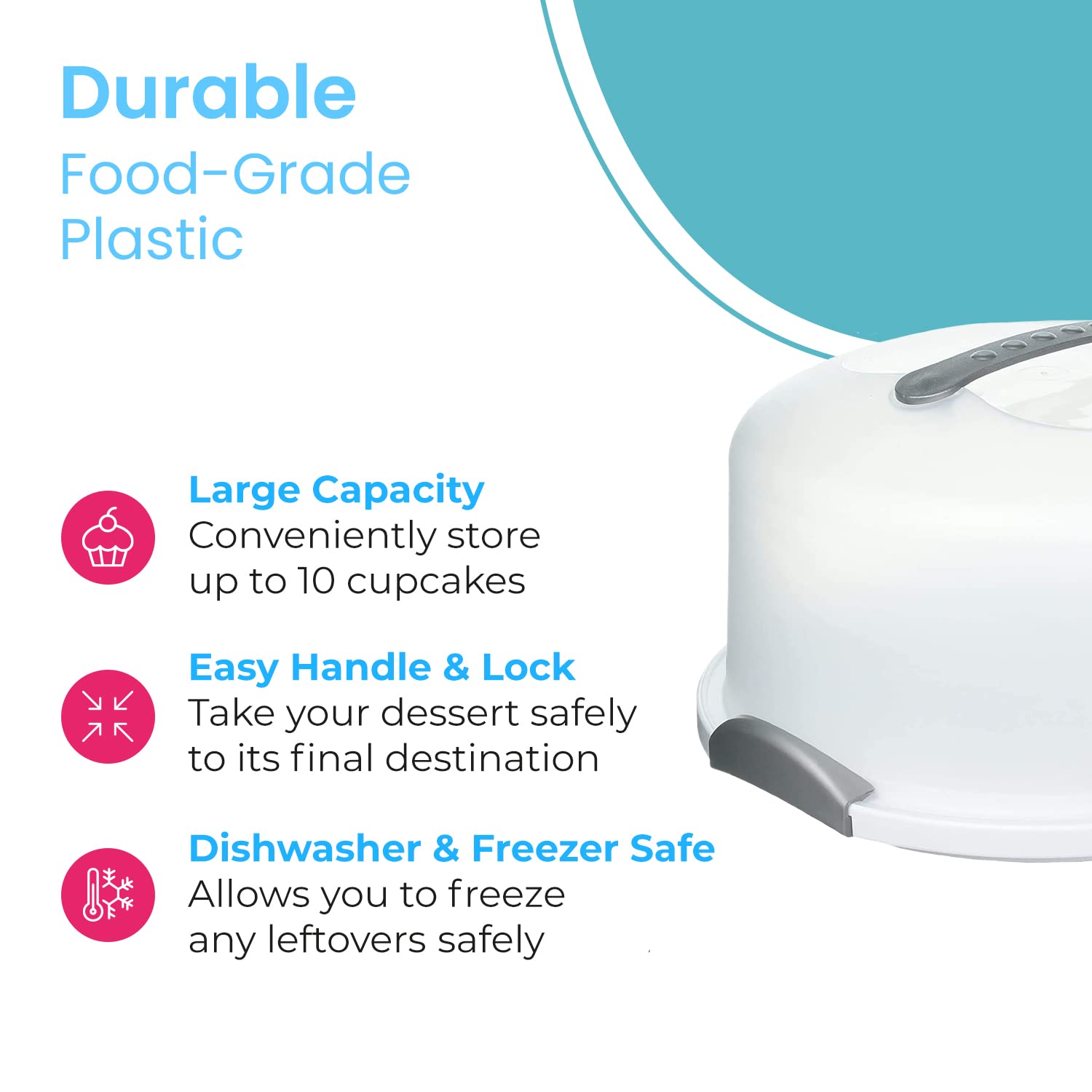 XL Cake and Cupcake Carrier & Holder, Storage Container With Lid and Handle, Holds up to 12 inch 3-layer cake, White Gray Translucent Dome - Perfect for Transporting Cakes, Cupcakes, or Other Desserts