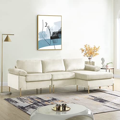 YOPTO Velvet Sectional Sofa with Chaise,L-Shape 3 Seat Sectional Couch with Velvet Pillow Arms and Removable Back and Seat Cushions,for Living Room,Apartment,Office,Beige