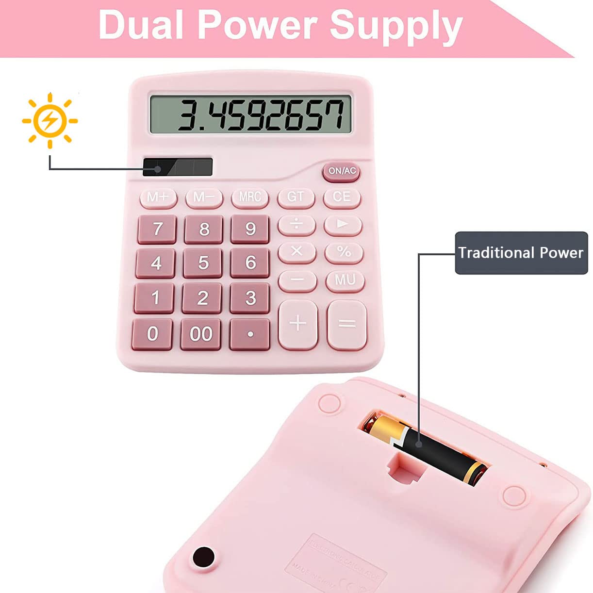 Podokas Office Calculators Desktop, 12-Digit Battery Dual Power Cute Calculator with Large LCD Display Big Button for Office Home and School (Pink)
