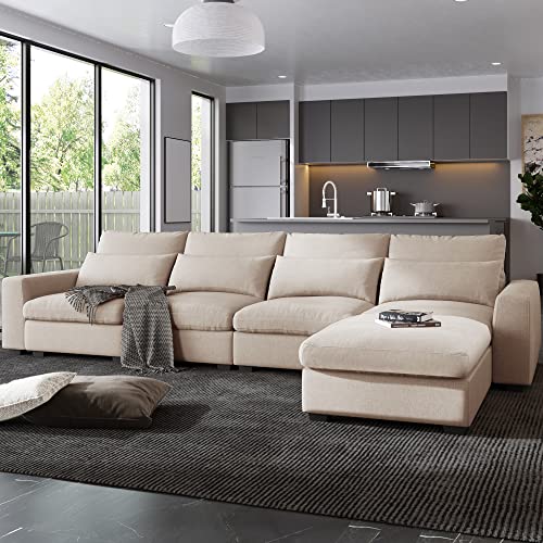 Deep Seat Down Feather Filled Modular Upholstered Sectional Sofa Couch with 4 Waist Pillows for Home Office Apartment Living Room,L-Shaped Corner Sofa & Couch Movable Ottoman/Chaise