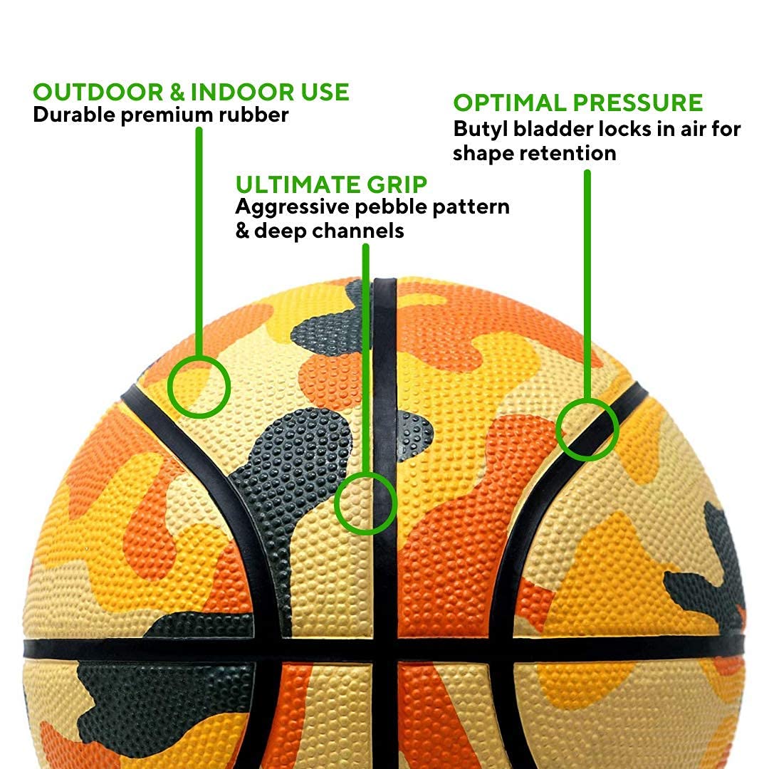 Chance Premium Rubber Outdoor/Indoor Basketball (6 Women's Official - 28.5", Pascal - Orange Camo) Standly The Ball Stand