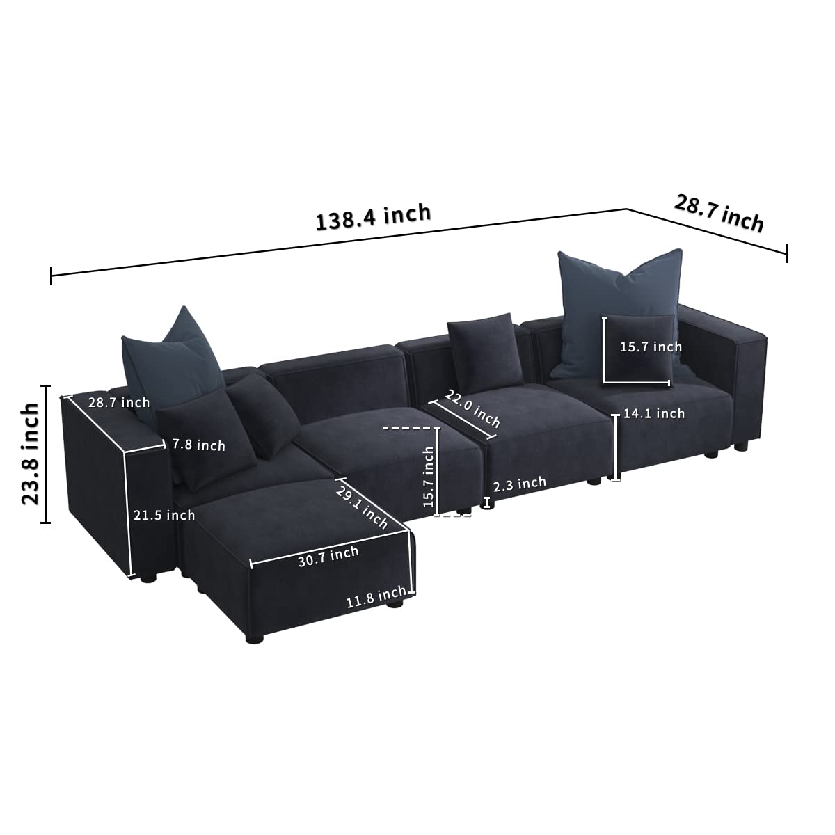 LLappuil Modern Modular Sectional Sofa Set, Low Back Minimalist Style Couch for with Ottoman and Chaise Lounge, Soft Fabric 5 Seater 138.4" L Shaped Sofa for Living Room, Dark Grey