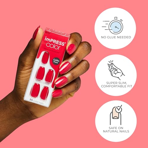 KISS imPRESS No Glue Mani Press On Nails, Color, 'Peanut Pink', Pink, Short Size, Squoval Shape, Includes 30 Nails, Prep Pad, Instructions Sheet, 1 Manicure Stick, 1 Mini File