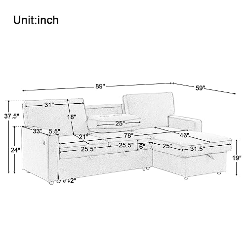 Reversible Pull-Out Sleeper Sectional Sofa Bed,Convertiable Padded Upholstery L-Shaped Corner Sofá Modular Futon Lounge Recliner Couch with Storage Chaise for Living Room Compact Space Furniture Set