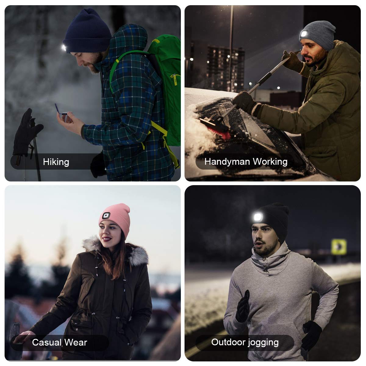 YunTuo LED Beanie with Light,Unisex USB Rechargeable Hands Free 4 LED Headlamp Cap Winter Knitted Night Lighted Hat Flashlight Women Men Gifts for Dad Him Husband (Pink)