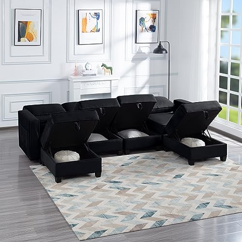 Goohome 116'' Modular Sectional, U-Shaped Velvet Convertible, Minimalist Modern 6 Seater Sleeper Couch with Chaise Ottomans, Sofa Sets, for Living Room, Bedroom, B-Black