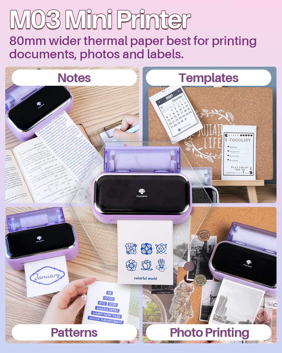 Phomemo M03 Mini Printer, Bluetooth Thermal Printer Mobile Portable Printer for Smartphones, Compatible with 53mm/80mm Thermal Paper, Great for memo,Photo & Notes, Purple