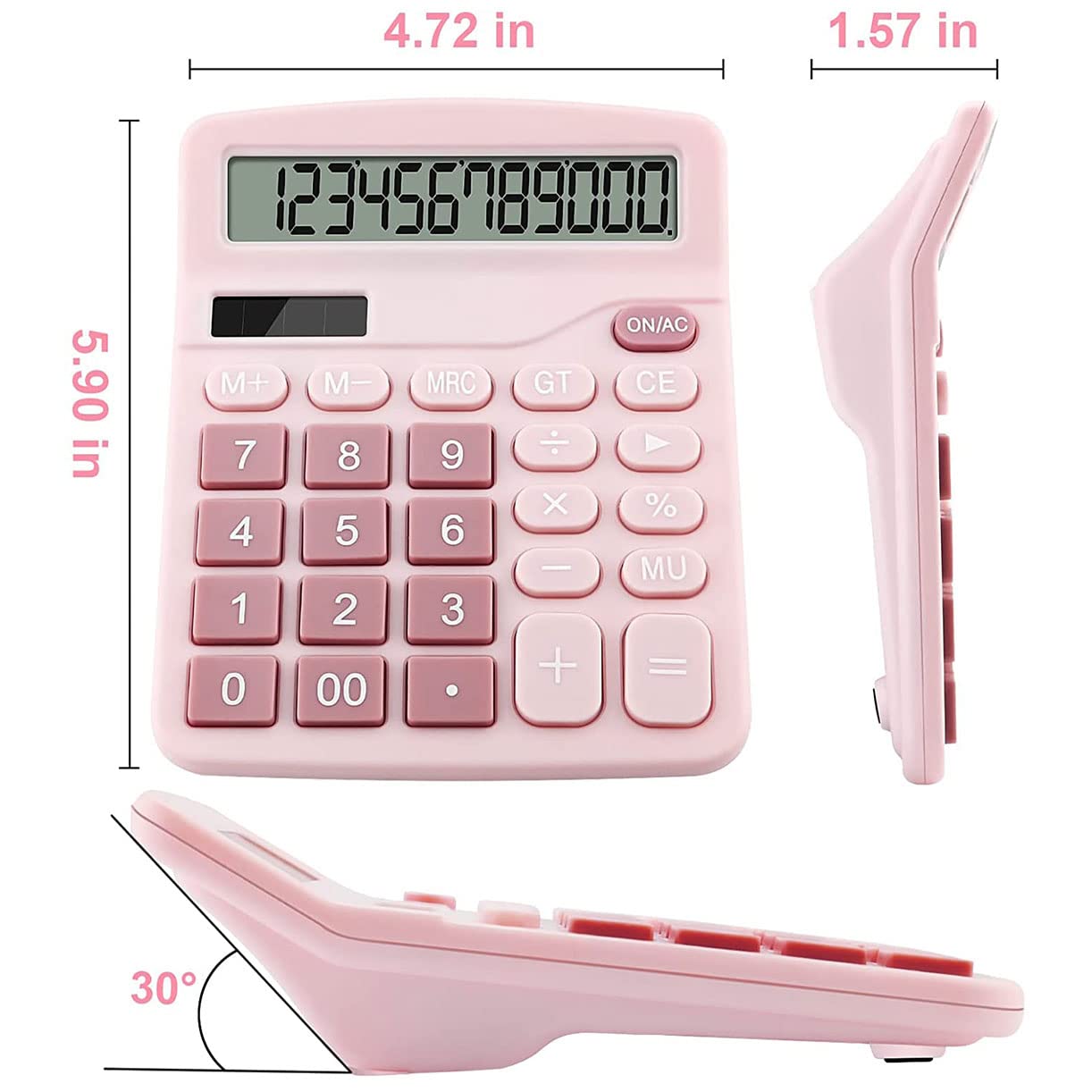 Podokas Office Calculators Desktop, 12-Digit Battery Dual Power Cute Calculator with Large LCD Display Big Button for Office Home and School (Pink)