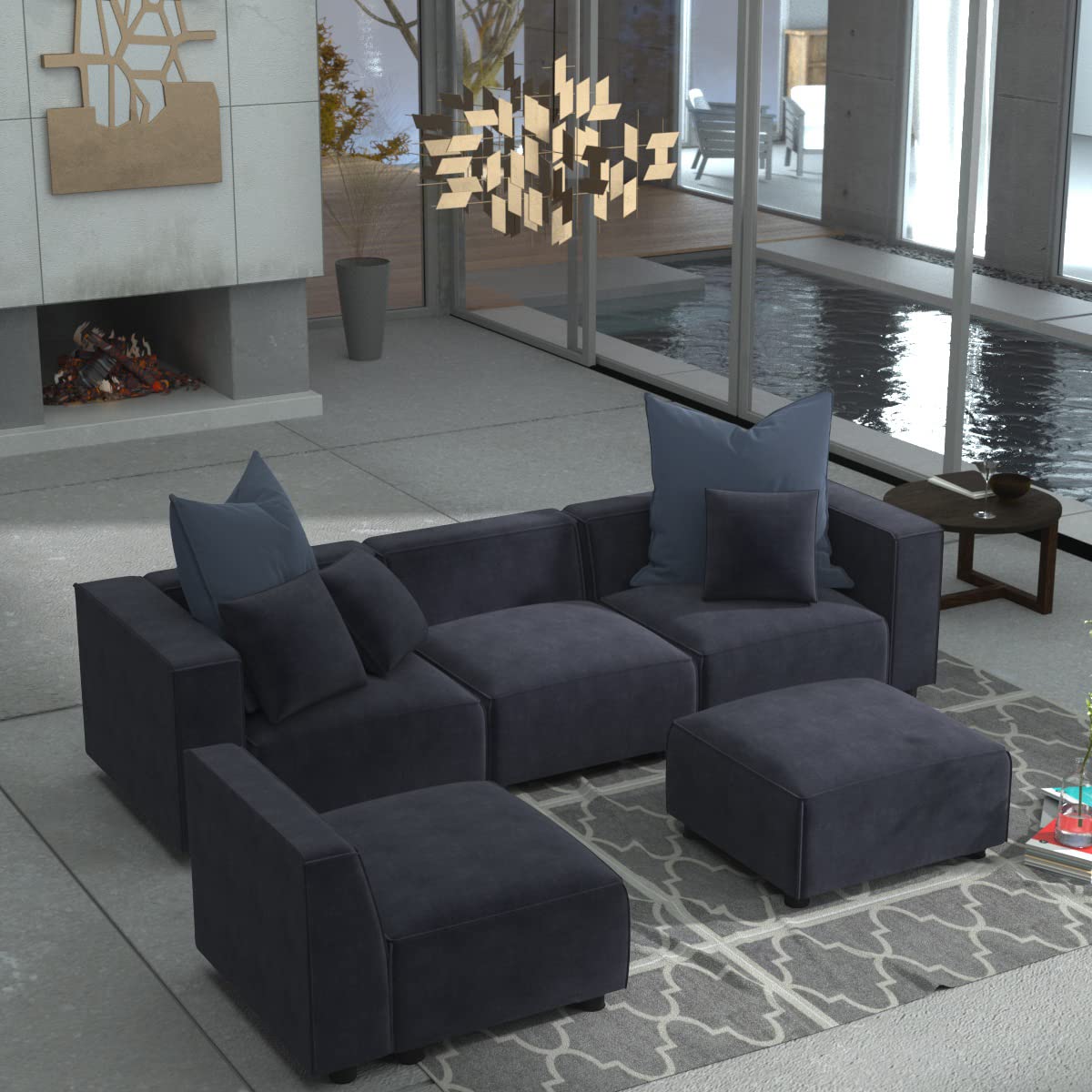 LLappuil Modern Modular Sectional Sofa Set, Low Back Minimalist Style Couch for with Ottoman and Chaise Lounge, Soft Fabric 5 Seater 138.4" L Shaped Sofa for Living Room, Dark Grey
