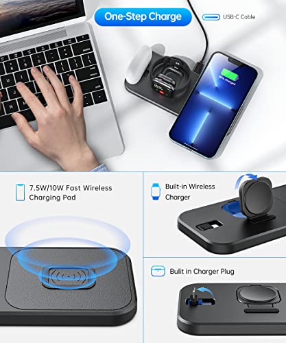 XICPU Portable and Foldable 3 in 1 Wireless Charging Station, Fast Wireless Charger Stand for Apple Watch iPhone AirPods Black