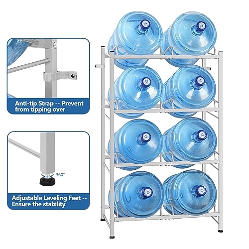 5 Gallon Water Jug Holder of 4 Tiers Water Bottle Storage Rack Stand with Large Capacity for 8 Bottles Heavy Duty Water Bottle Organizer Save Space for Kitchen, Dining Room, Garage (Silver)