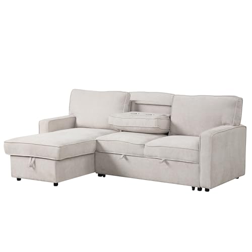 Reversible Pull-Out Sleeper Sectional Sofa Bed,Convertiable Padded Upholstery L-Shaped Corner Sofá Modular Futon Lounge Recliner Couch with Storage Chaise for Living Room Compact Space Furniture Set