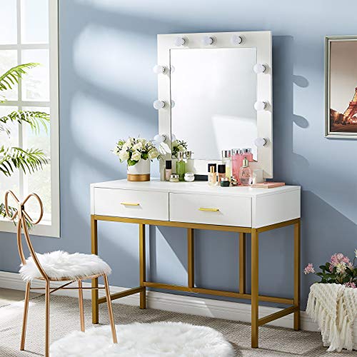 Tribesigns Vanity Table with Lighted Mirror, Makeup Vanity Dressing Table with 9 Lights and 2 Drawers for Women, Dresser Desk Vanity Set for Bedroom, Gold (White)