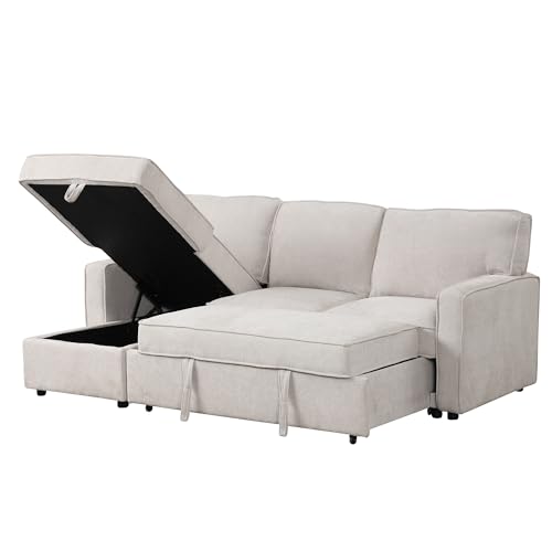 Reversible Pull-Out Sleeper Sectional Sofa Bed,Convertiable Padded Upholstery L-Shaped Corner Sofá Modular Futon Lounge Recliner Couch with Storage Chaise for Living Room Compact Space Furniture Set