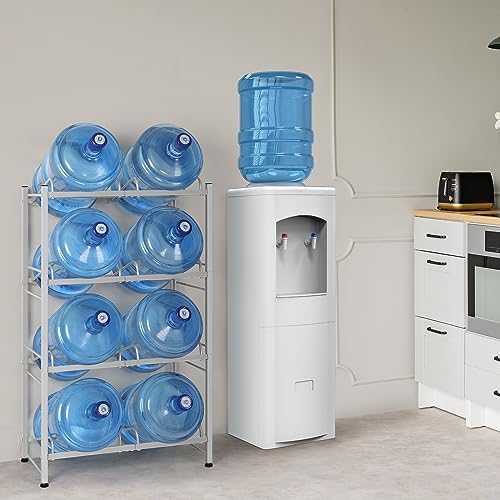 5 Gallon Water Jug Holder of 4 Tiers Water Bottle Storage Rack Stand with Large Capacity for 8 Bottles Heavy Duty Water Bottle Organizer Save Space for Kitchen, Dining Room, Garage (Silver)