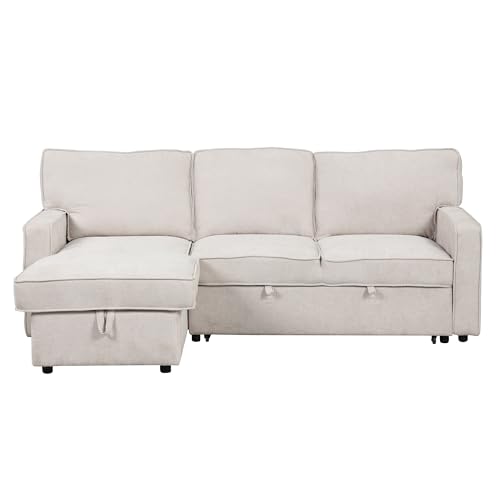 Reversible Pull-Out Sleeper Sectional Sofa Bed,Convertiable Padded Upholstery L-Shaped Corner Sofá Modular Futon Lounge Recliner Couch with Storage Chaise for Living Room Compact Space Furniture Set