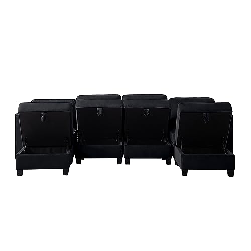 Goohome 116'' Modular Sectional, U-Shaped Velvet Convertible, Minimalist Modern 6 Seater Sleeper Couch with Chaise Ottomans, Sofa Sets, for Living Room, Bedroom, B-Black