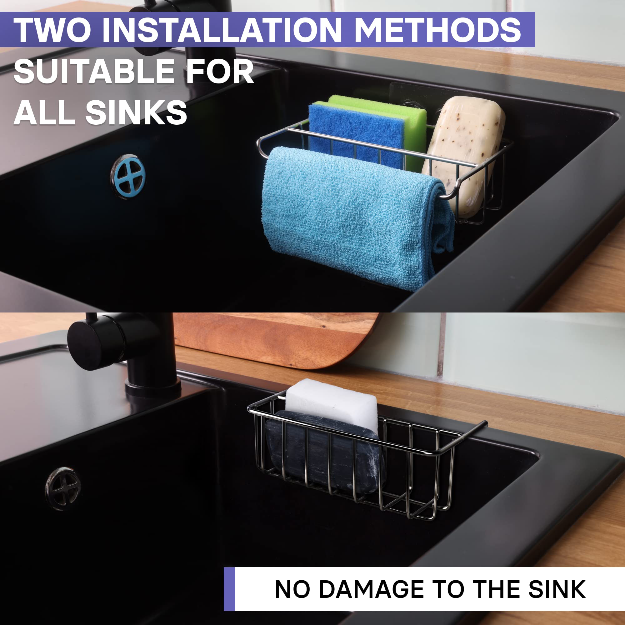 KINCMAX Adhesive Sink Organizer Sponge Holder+Dish Cloth Hanger, 2 in 1, Ideal for Removable Hanging Sink Caddy Brush Holder or Adhesive Sink Rack Dish Drainer, SUS304 Rust Proof,No Drilling