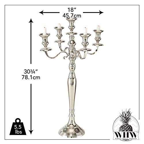 WHW Whole House Worlds Hamptons Five Taper Candle Silver Candelabra, Hand Crafted of Silver Aluminum Nickel, 2.5 Feet High, (30.75 Inches)