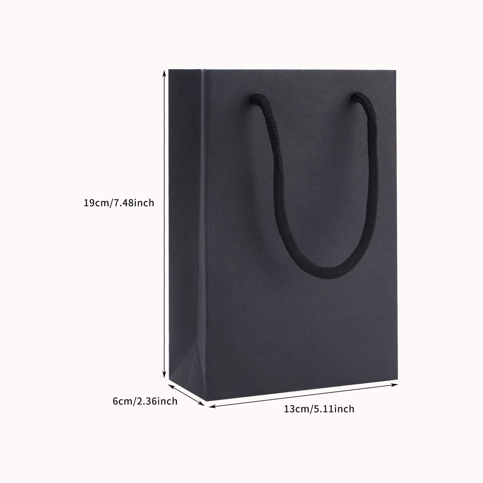 Katfort Mini Small Black Paper Gift Bags 50 Pack, 5.1x2.4x7.5inch Small Black Gift Bags Bulk with Cotton Handle, Small Size Matte Black Bags for Gifts Kraft Paper Bag