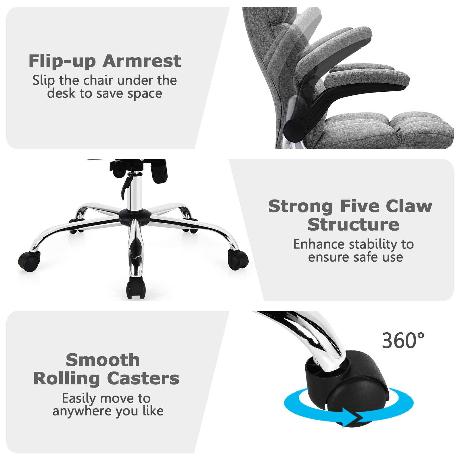 Giantex Executive Office Chair, Big and Tall Ergonomic Computer Chair, Adjustable Tilt Angle and Flip-up Armrest Linen Fabric Upholstered Chair with Thick Padding, High Back Managerial Chair (Grey)